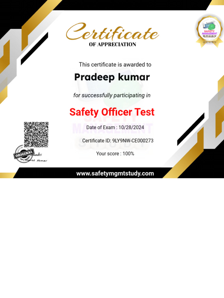 Safety Officer Test Certificate - 100% Score | PDF