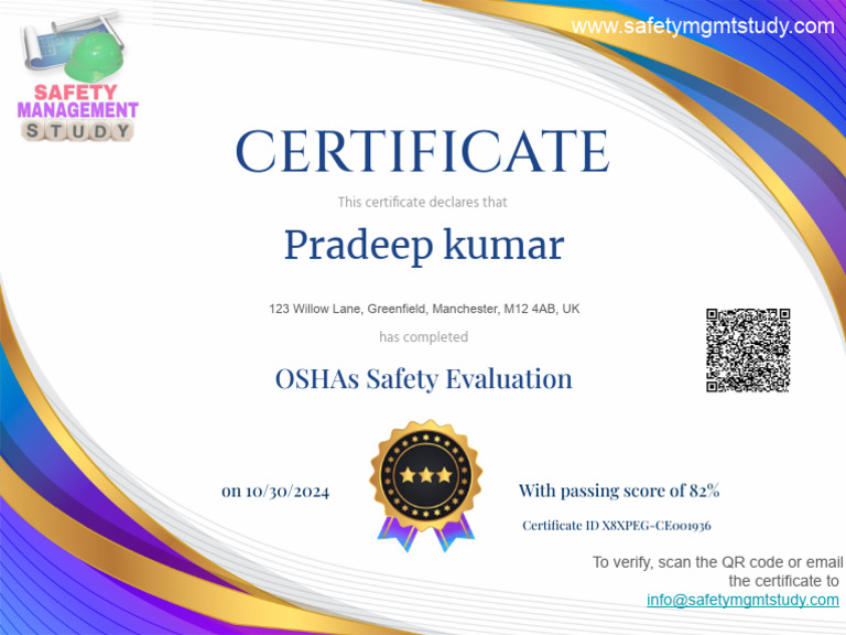 Certificate for Pradeep kumar for _OSHAs Safety Evaluation _ | PDF