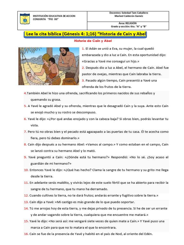 Historia de Caín y Abel PRACTICA | PDF | Pecado | Creencia religiosa y ...