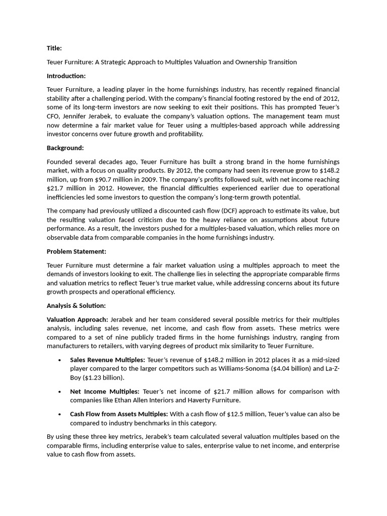Teuer Furniture - Draft Narrative | PDF | Valuation (Finance ...