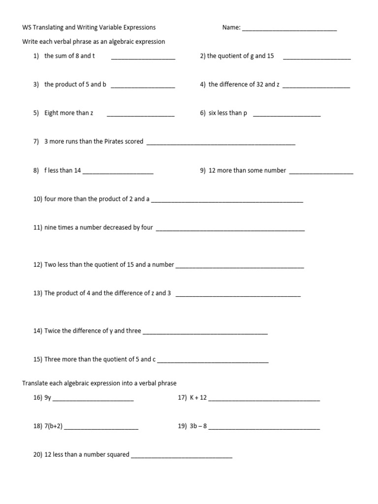 HW WS Writing and Translating Algebraic Expressions | PDF