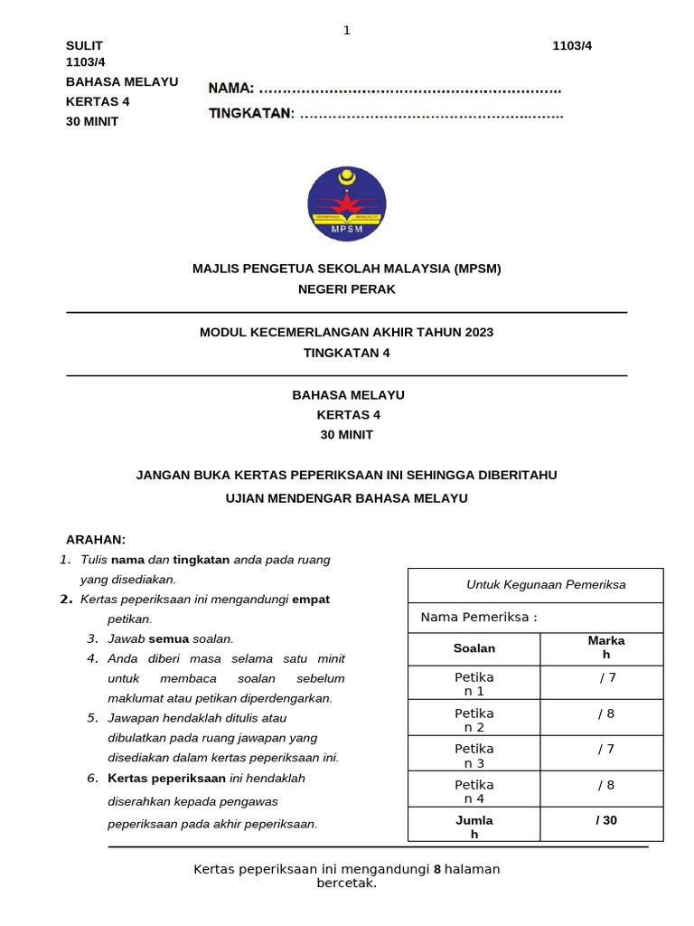 SOALAN BM Kertas 4 PAT Tingkatan 4 2023 | PDF