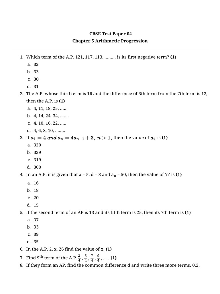 Chapter 05 Arithmetic Progression Test 04 | PDF | Mathematics | Arithmetic