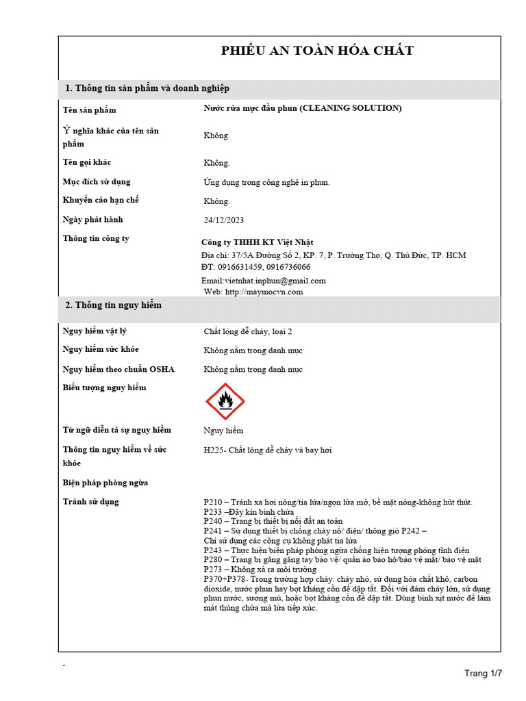Phiếu An Toàn Hóa Chất: 1. Thông tin sản phẩm và doanh nghiệp | PDF