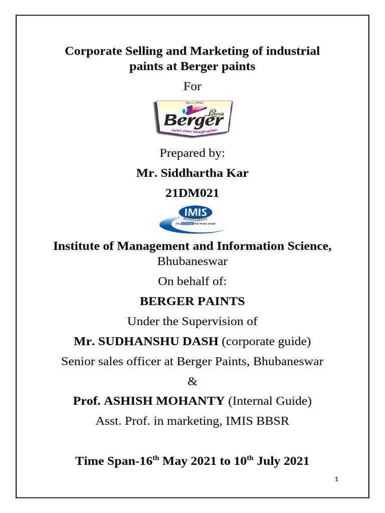 SIP REPORT (SIDDHARTHA KAR) | PDF | Paint | Swot Analysis