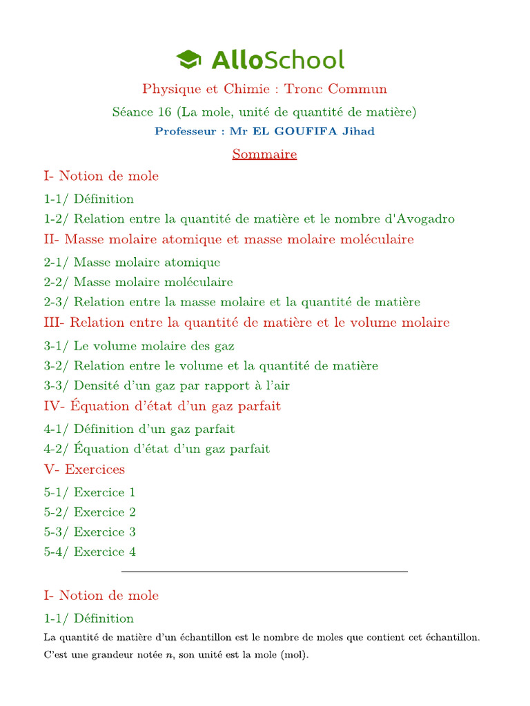Seance 16 La Mole Unite de Quantite de Matiere 1 | PDF