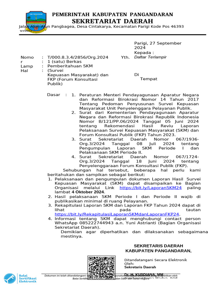 Surat Pemberitahuan SKM (Survei Kepuasan Masyarakat) dan FKP (Forum Konsultasi Publik) TTE (1) | PDF