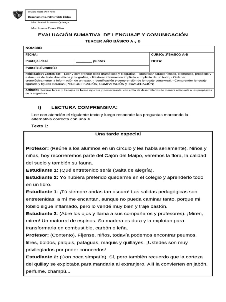 SUMATIVA Unidad 3 2022 3°básico | PDF