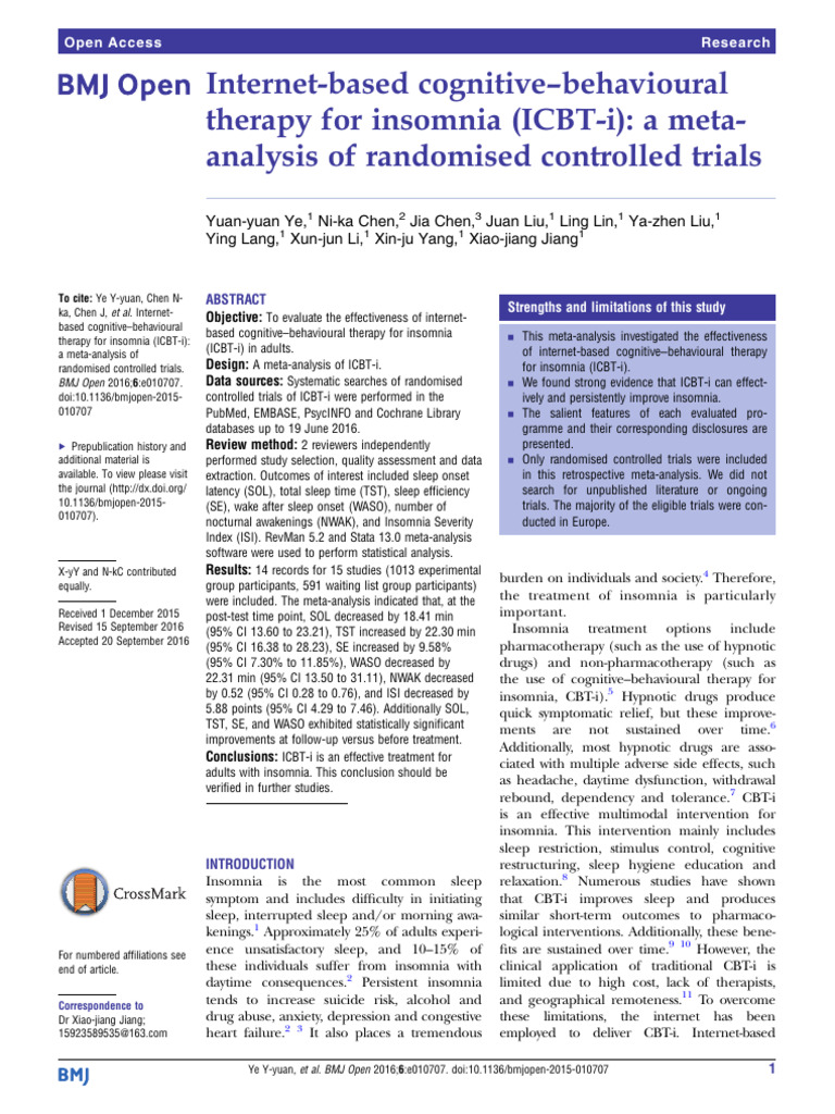 Icbt For Insomnia Meta Analysis 2016 | PDF | Insomnia | Randomized Controlled Trial