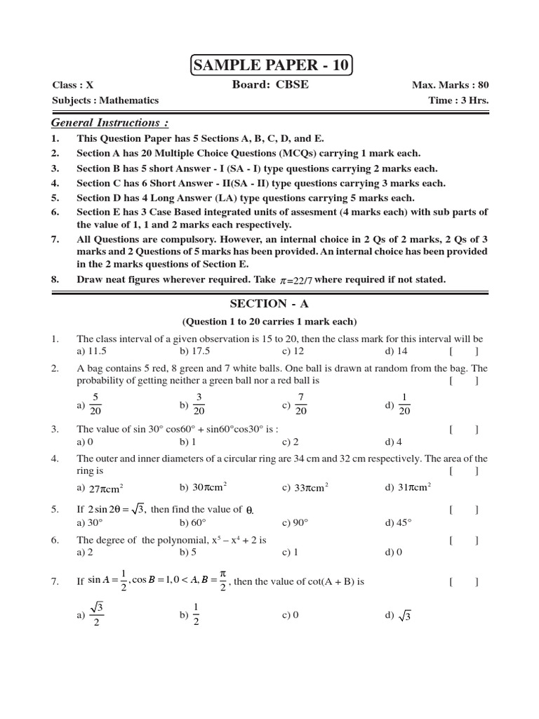 Sample Paper - 10 | PDF | Mathematics