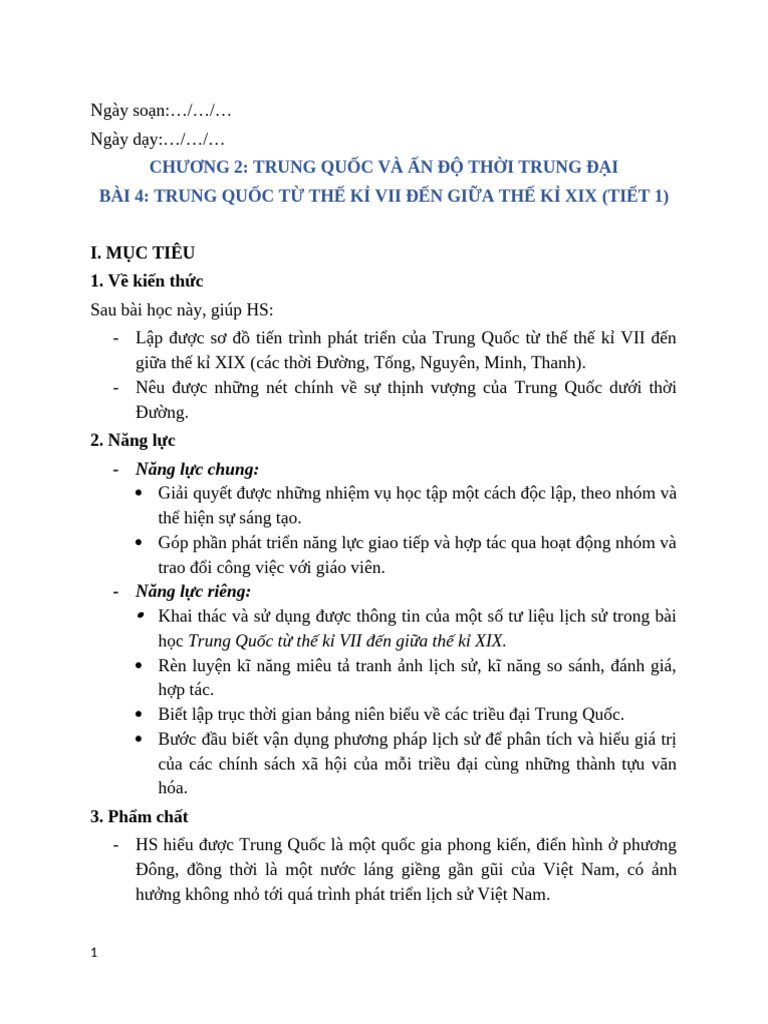Giáo án Lịch sử 7. KNTT - Bài 4 - Trung Quốc từ thế kỉ VII đến giữa thế kỉ XIX | PDF