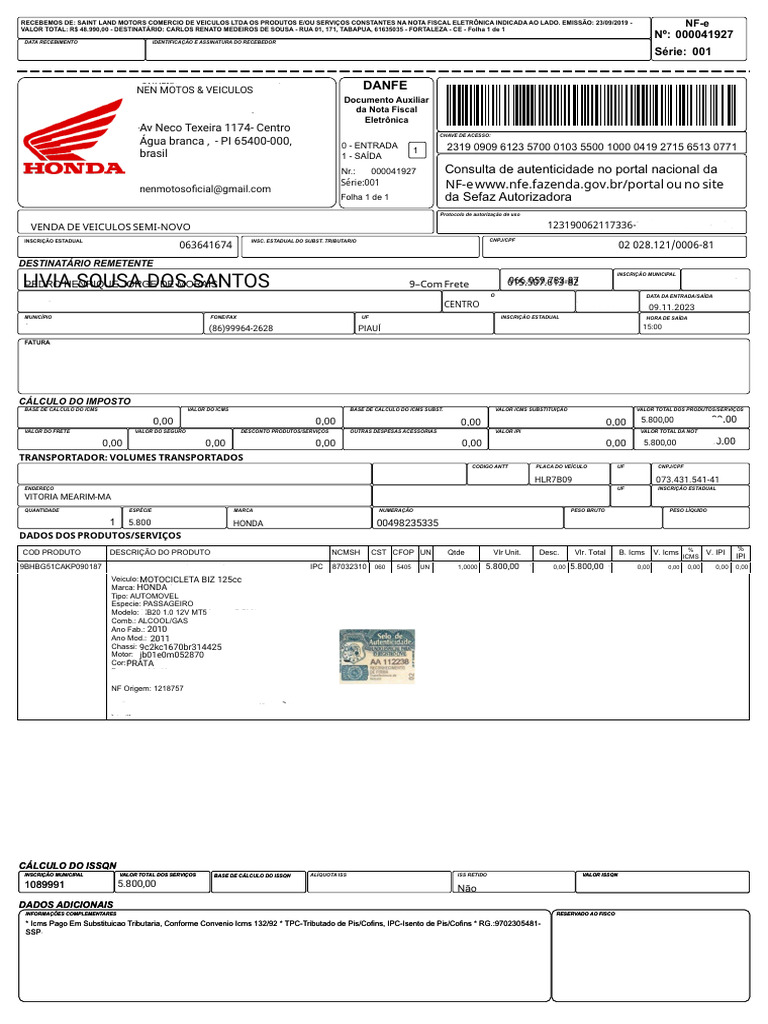 Nota Fiscal de Veículo Honda | PDF | Recibo