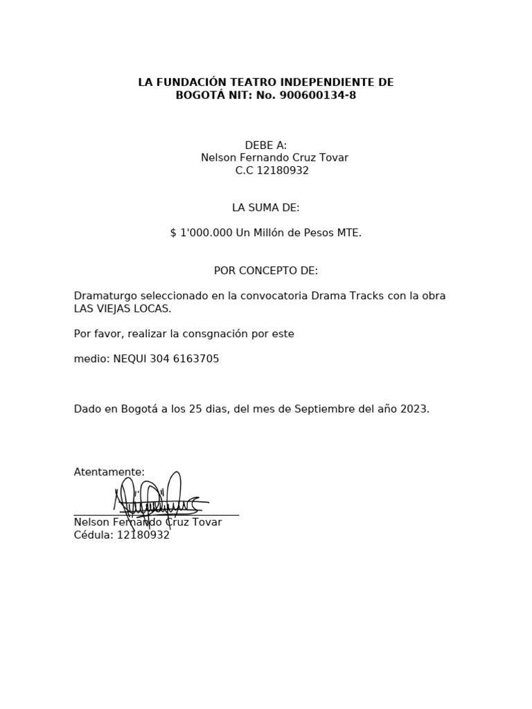 Pago a Nelson Cruz por Drama Tracks | PDF