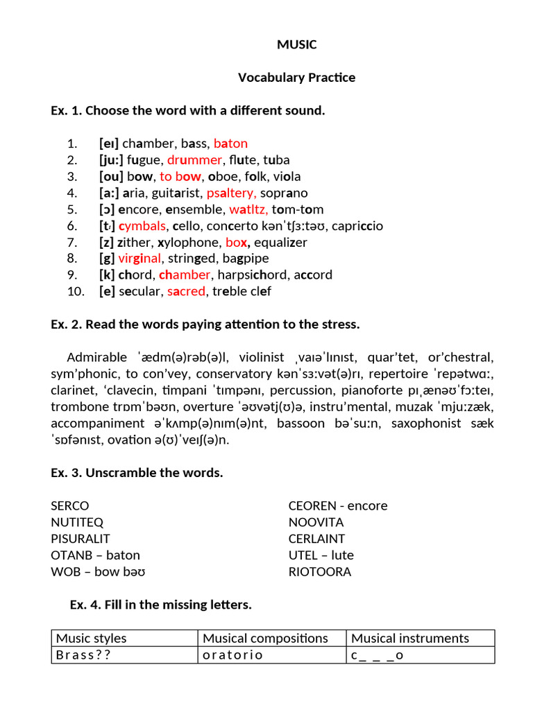 Vocabulary Practice Music | PDF | Double Bass | Cello