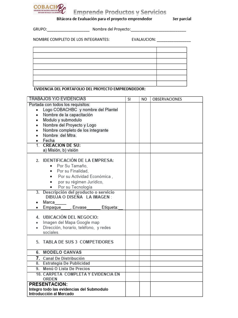 Bit-cora de Evaluaci-n para el proyecto emprendedor | PDF