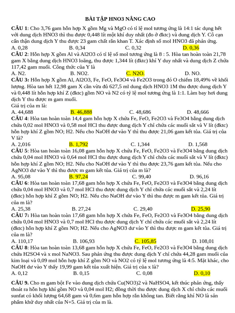 BÀI TẬP HNO3 | PDF