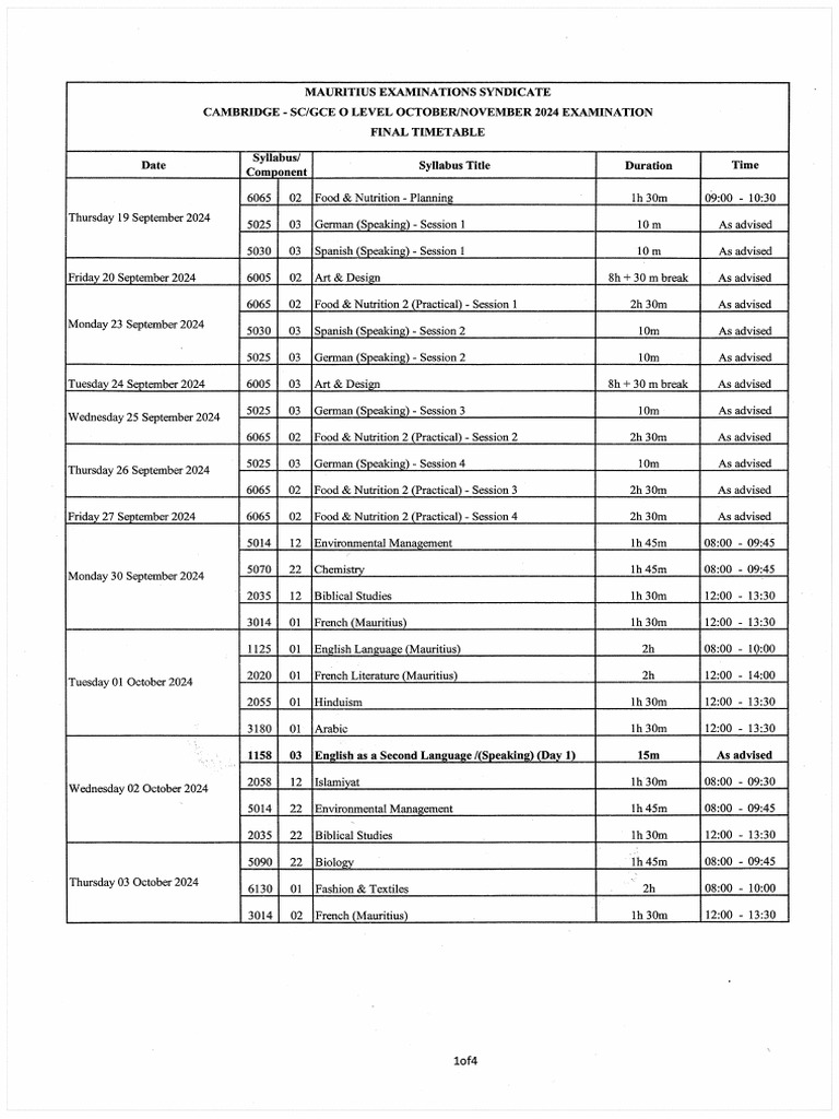SC Final Timetable 2024 | PDF