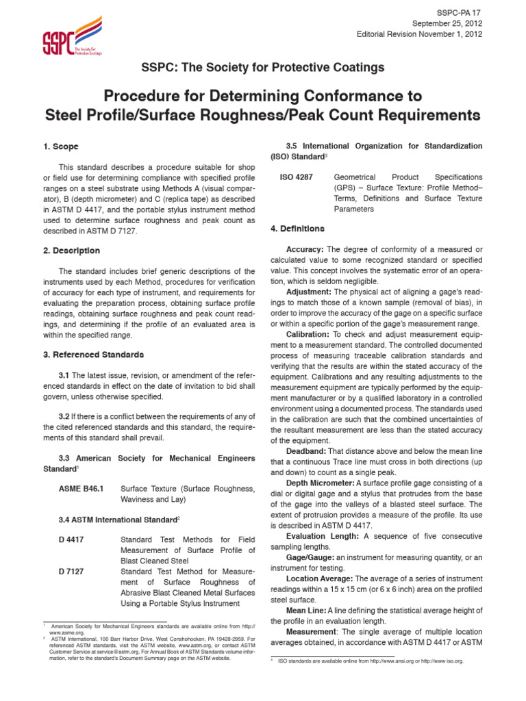 SSPC-PA 17: Steel Surface Roughness Standards | PDF | Calibration ...