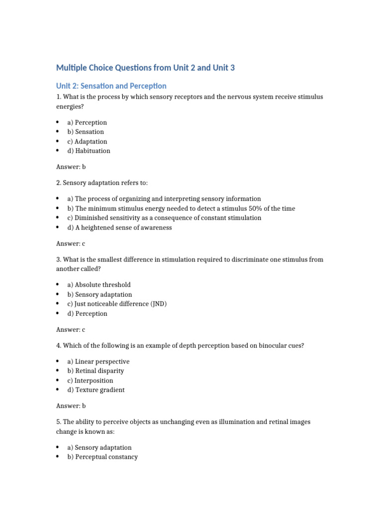 Unit 2 and 3 MCQs Updated-1 | PDF | Perception | Learning