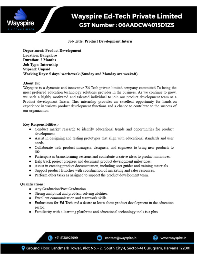 Unpaid Internship JD For Product Development Intern | PDF