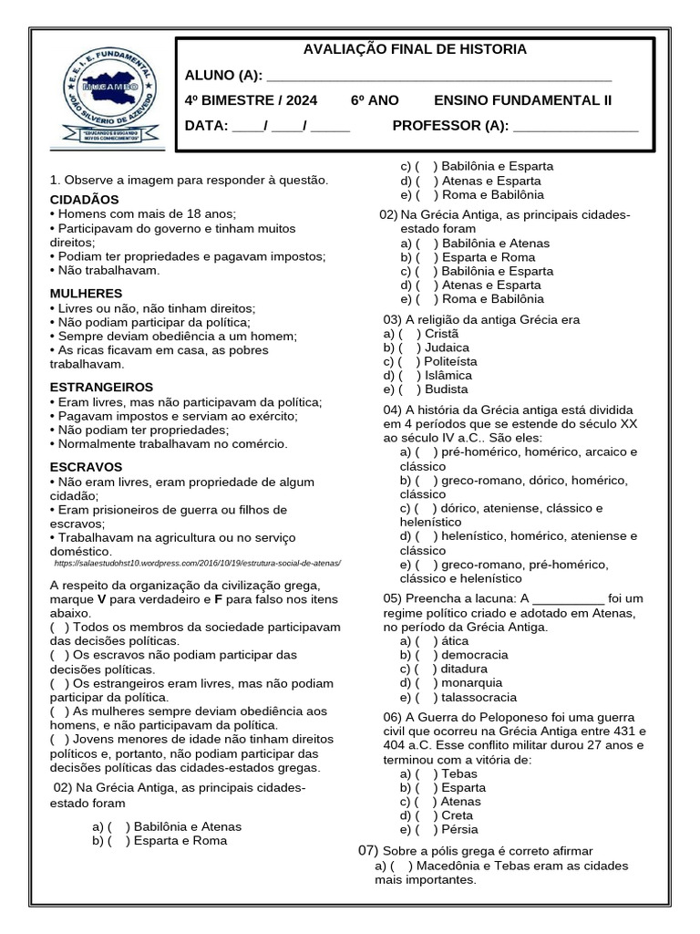 Ava. 6 ano grecia | PDF | Grécia Antiga | Esparta
