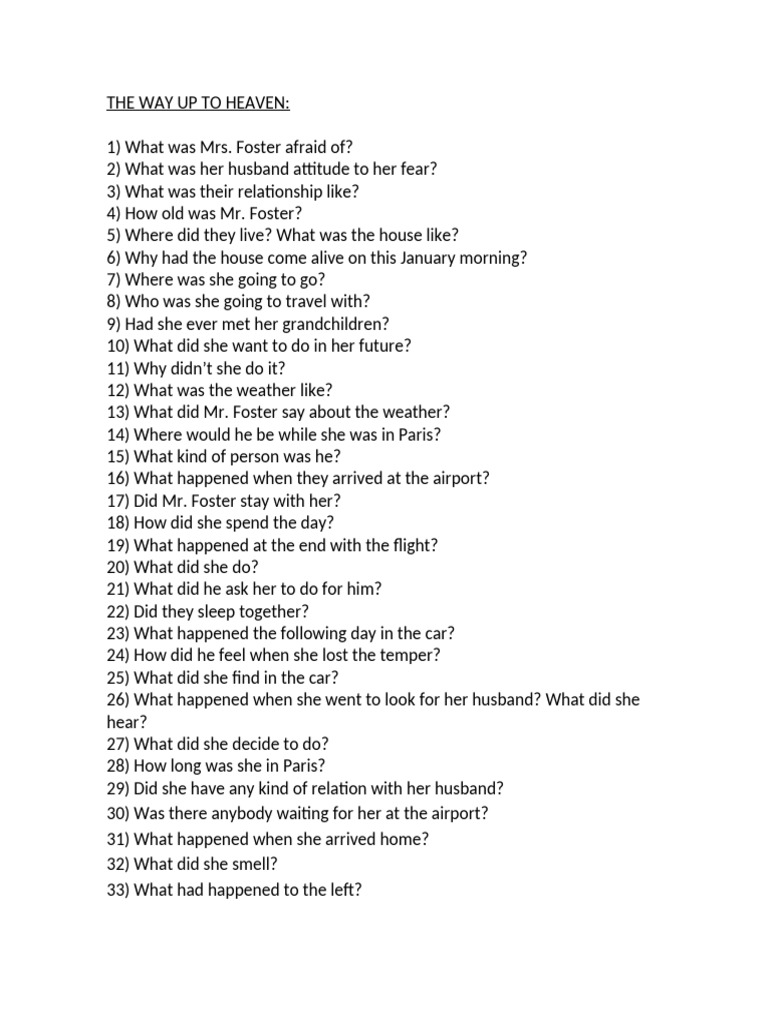 The Way Up To Heaven Test Questions | PDF