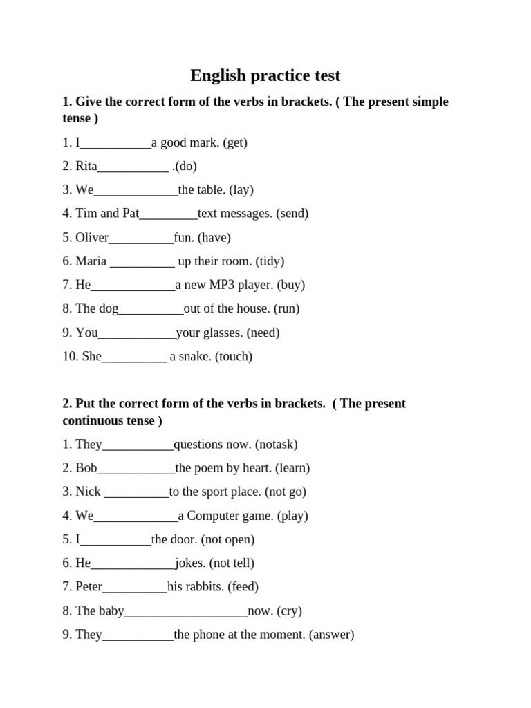 English Verb Tense Practice Test | PDF