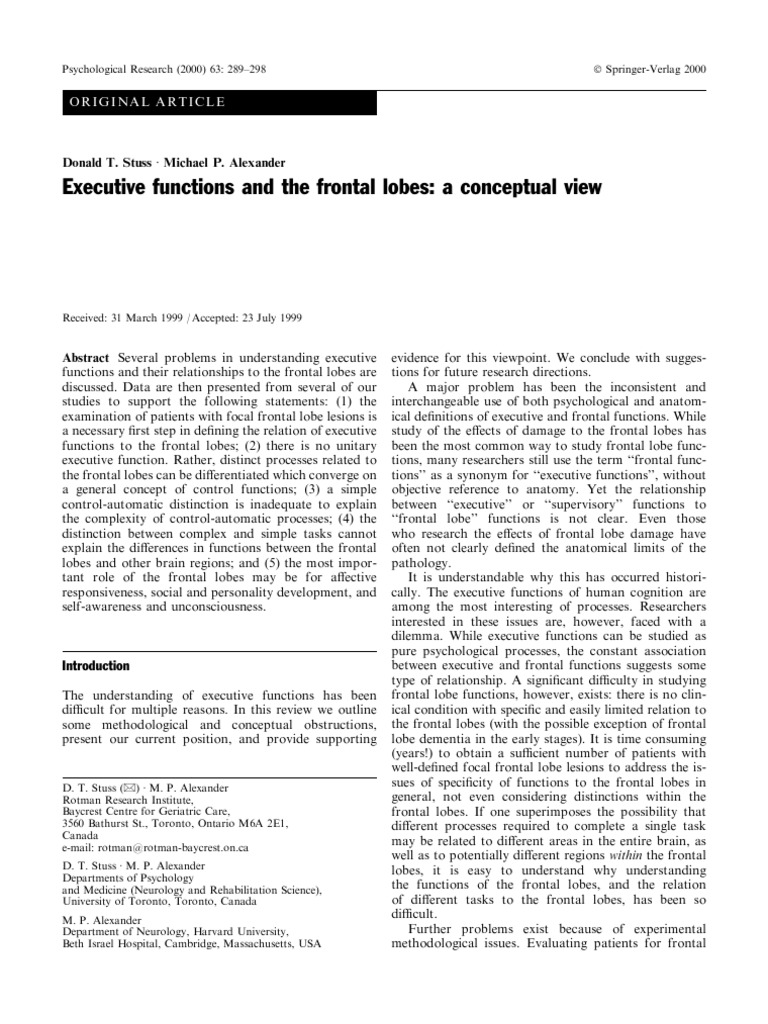 Executive Functions and Frontal Lobe A Conceptual View | PDF | Recall ...