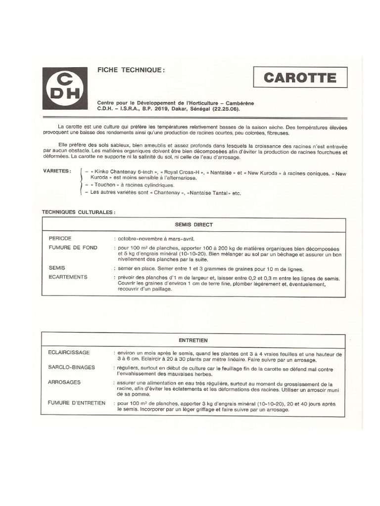 Fiche Technique Carotte ISRA CDH | PDF