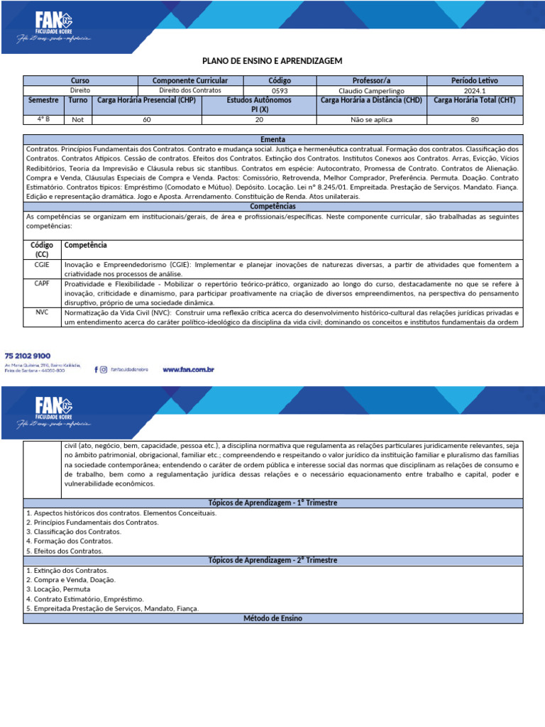 +PLANO de ENSINO E APRENDIZAGEM PI - 4º Sem Noturno Direito Dos Contratos Claudio Camperlingo ...