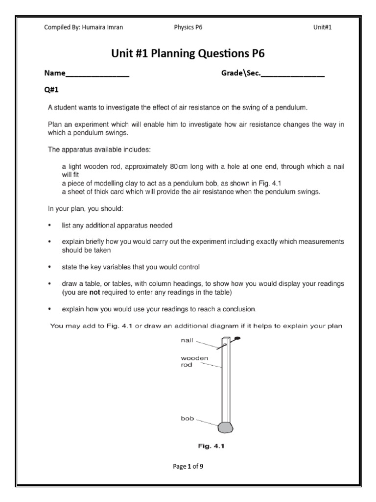 P6 Questions of Unit 1 Worksheet # 2 Planning Questions | PDF