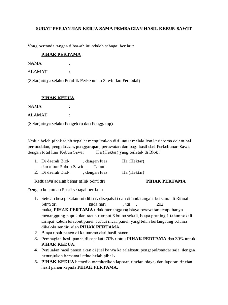 Surat Perjanjian Kerja Sama Pembagian Hasil Kebun Sawit | PDF