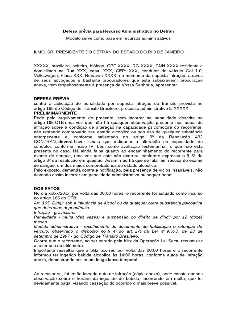 Modelo Defesa Previa Recurso Administrativo 165 277 | PDF | Justiça ...