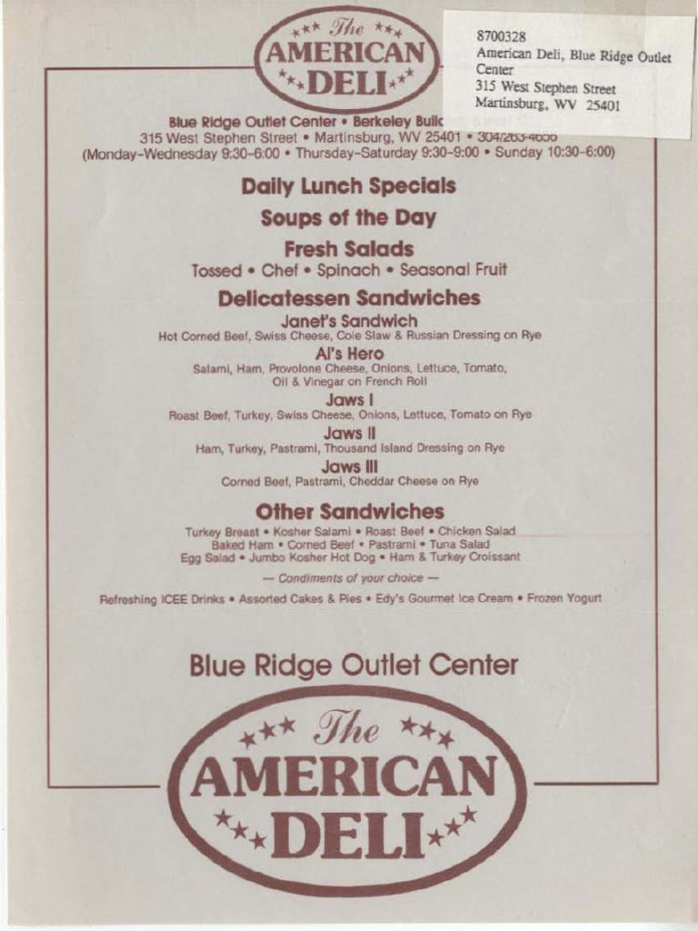 American Deli Menu at Blue Ridge Outlet | PDF