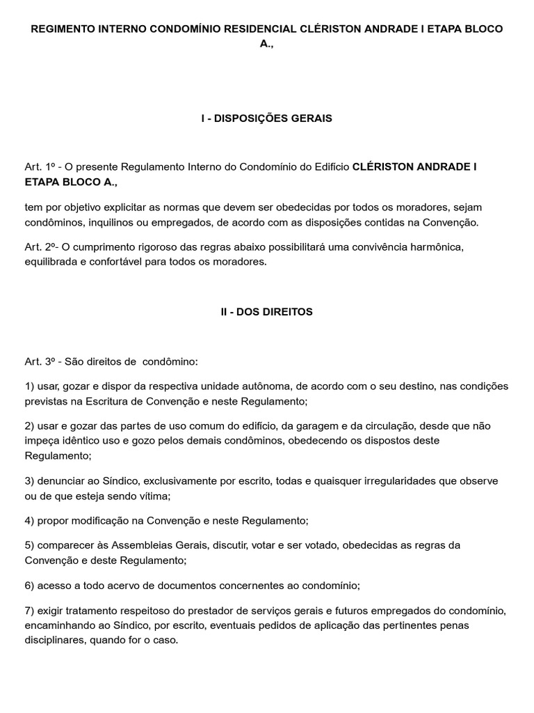 Modelo Regimento Interno | PDF | Condomínio | Desperdício