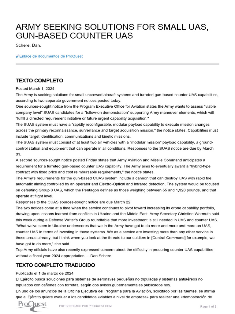 Army Seeking Solutions For Small Uas, Gun-Based Counter Uas | PDF ...