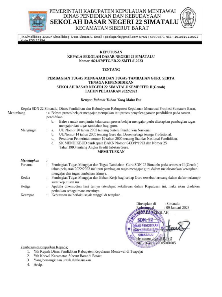 2SK 2023 Pembagian Tugas Mengajar | PDF