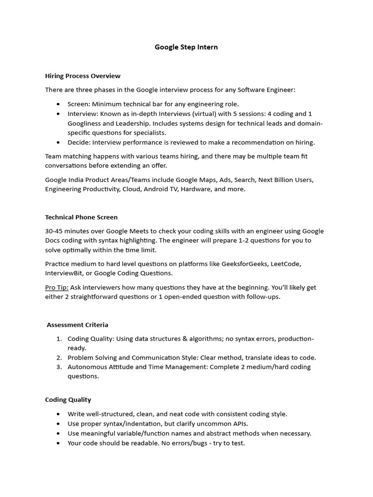 Google Step Internship Interview Guide | PDF | Computer Programming ...