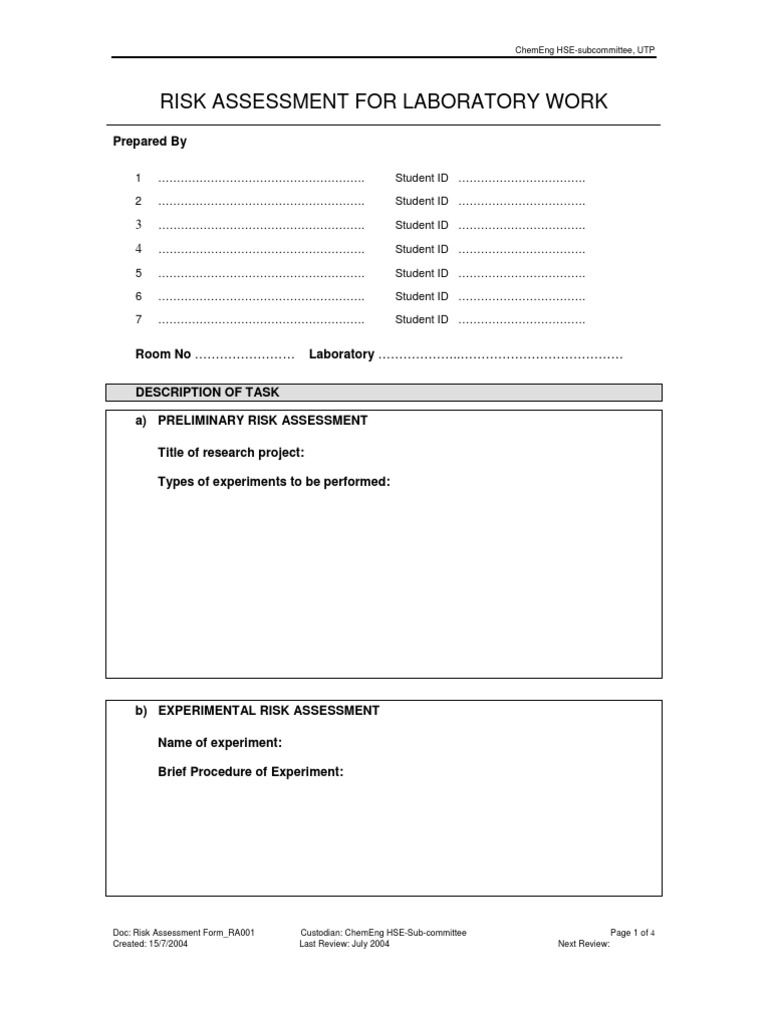 Laboratory Risk Assessment Form RA001 | PDF | Prevention | Risk
