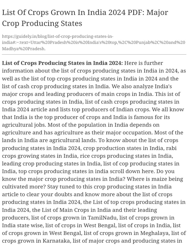 Major Crops and States in India 2024 | PDF | Agriculture | Crops