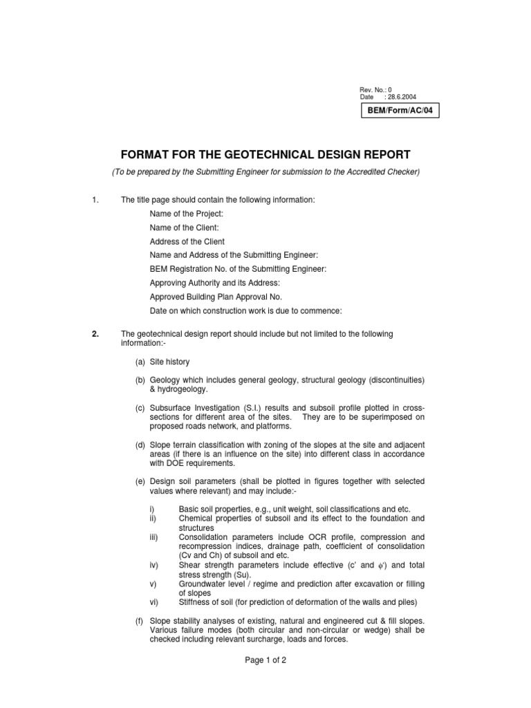 Format For The Geotechnical Design Report: BEM/Form/AC/04 | Download ...
