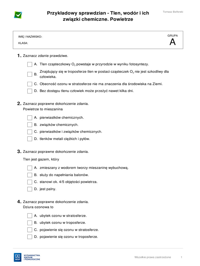 Przykladowy Sprawdzian Tlen Wodor I Ich Zwiazki Chemiczne. Powietrze | PDF