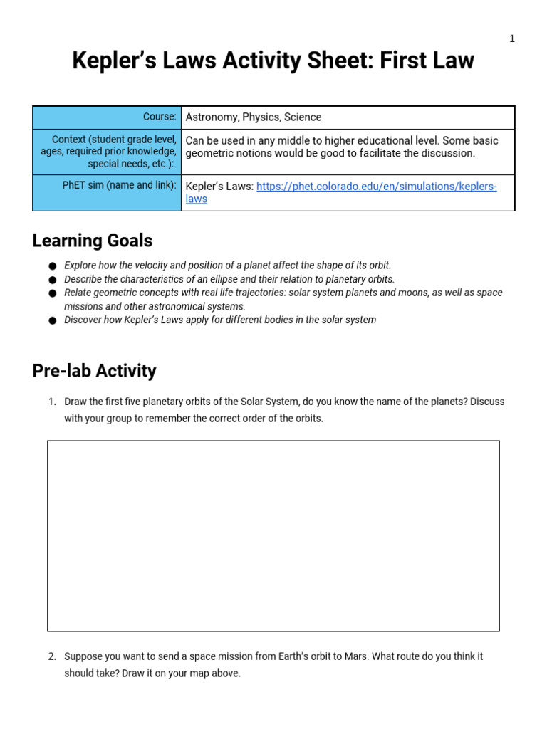 Keplers First Law Activity Sheet | PDF | Orbit | Johannes Kepler