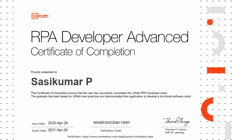 RPA Developer Advanced v0 (Legacy) Certificate | PDF