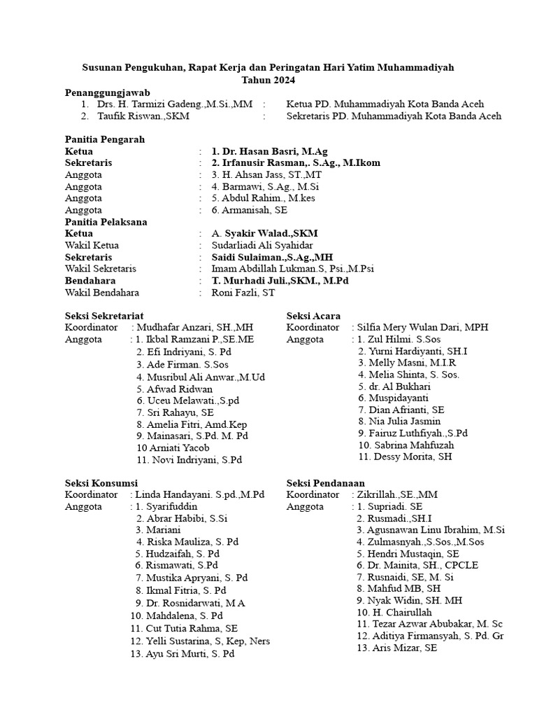 Revisi1 Draft Nama Panitia Hari Yatim Dan Pengukuhan PDM Banda Aceh | PDF
