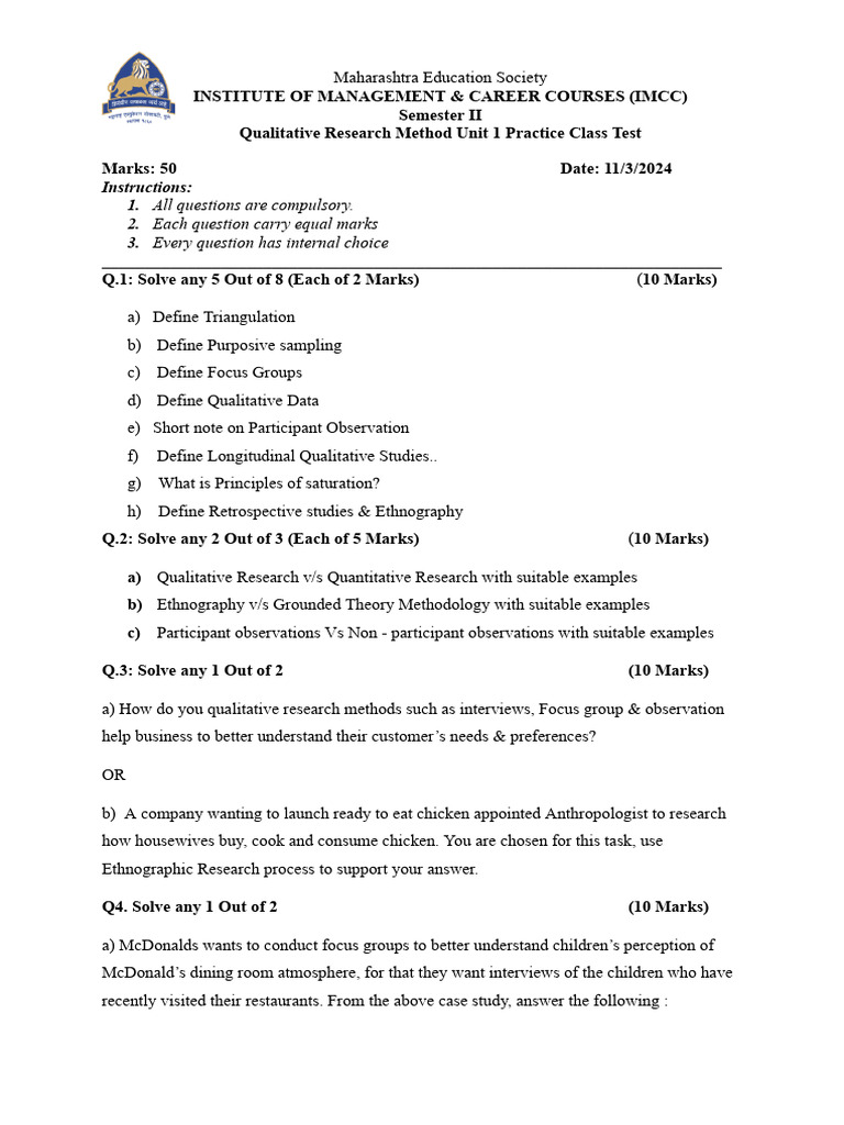 QRM Unit 1 Question Paper | PDF | Ethnography | Qualitative Research