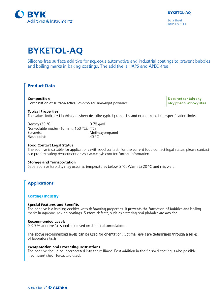 TDS_BYKETOL-AQ_EN | PDF | Materials | Physical Sciences