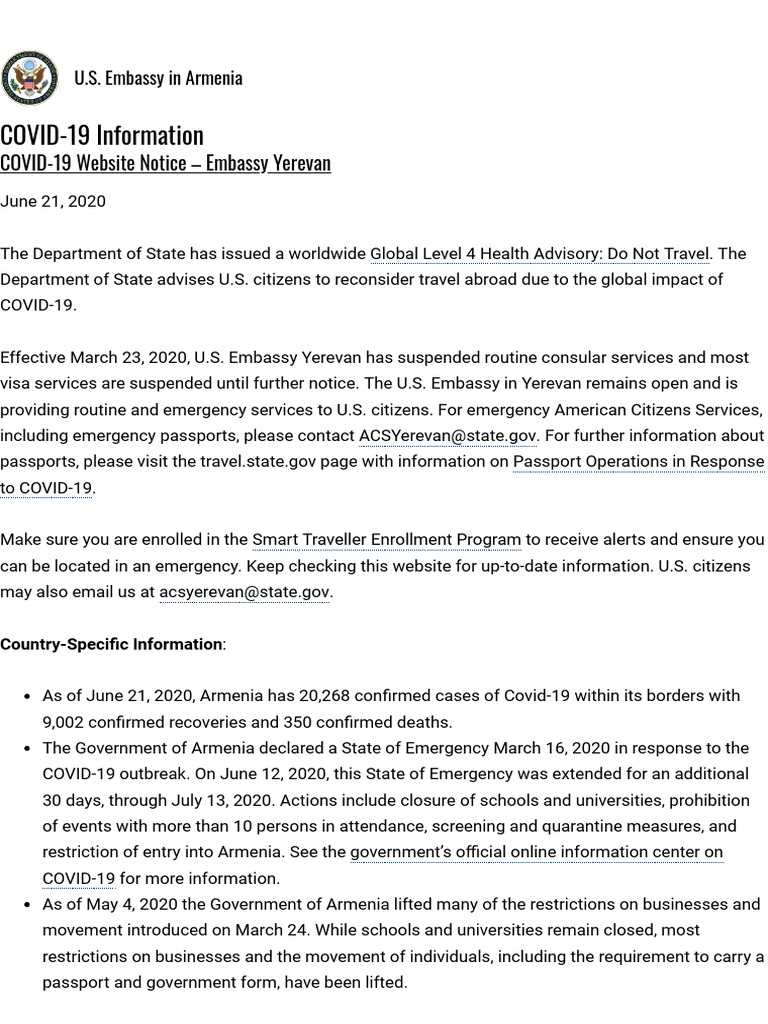 COVID-19 Information - U.S. Embassy in Armenia | PDF | Quarantine ...