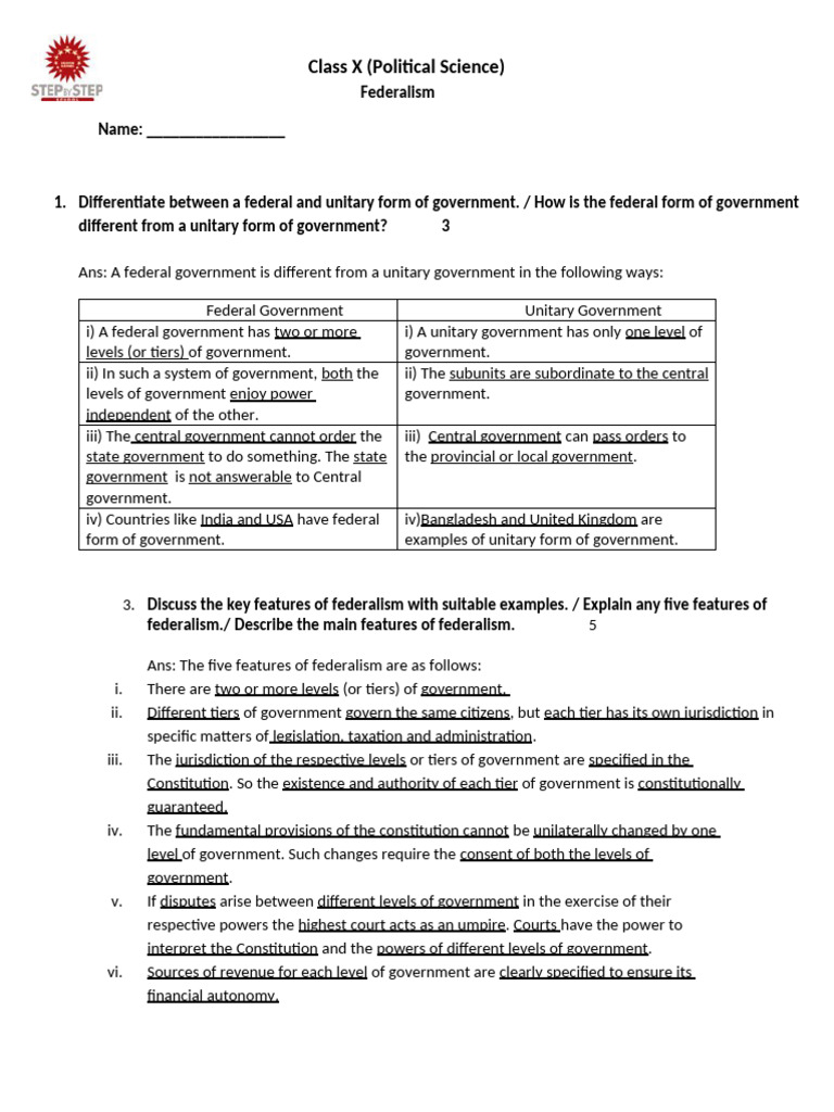 Federalism QB Pointers To Unbold Qs | PDF | Government | Governance