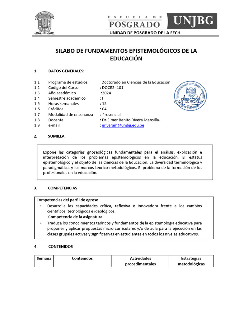 24.espg - Silabo.epistemología y Educación. Dr. Elmer Rivera - Visado | PDF | Epistemología ...
